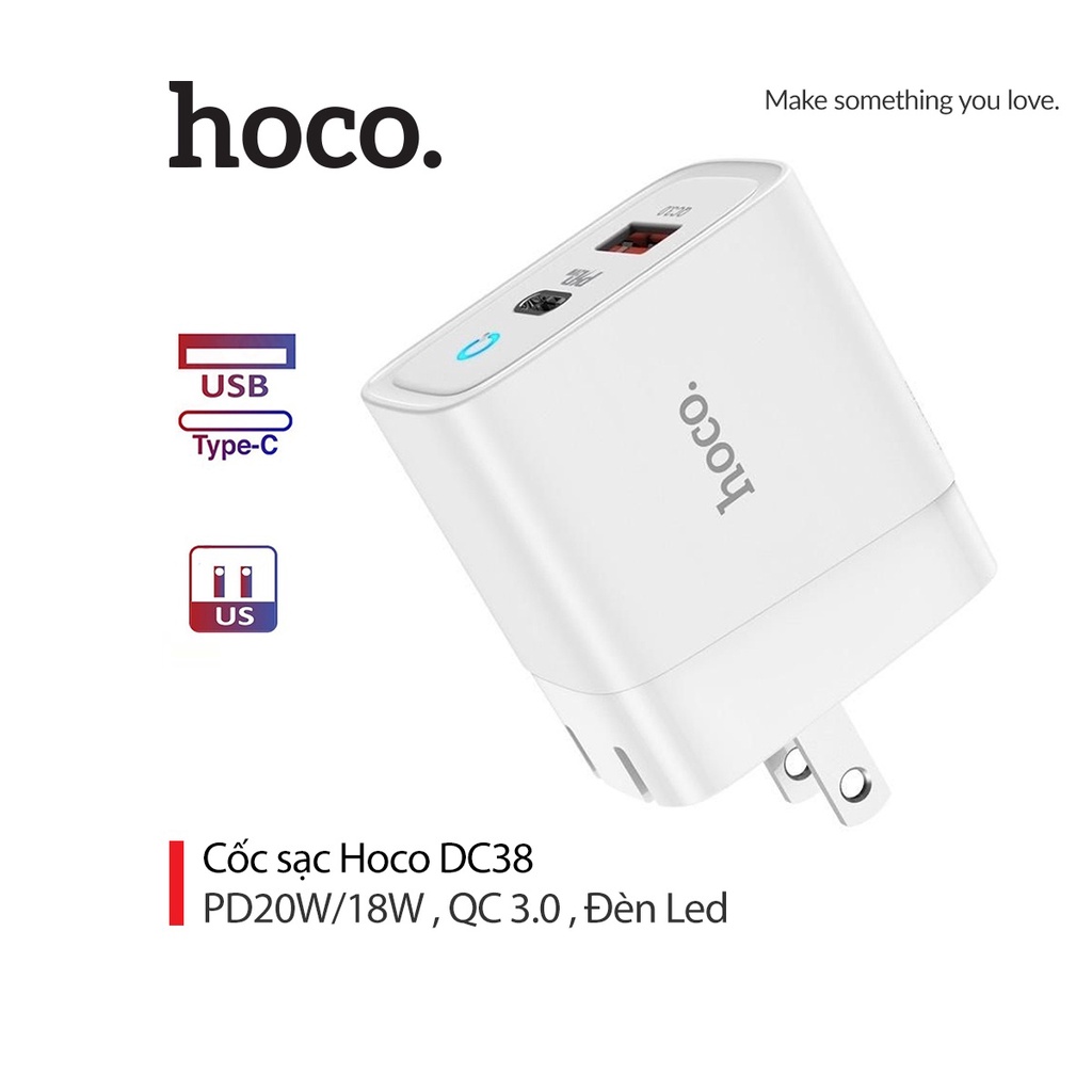 Củ sạc PD20W Hoco DC38 chân US gập 90 độ 1 cổng USB và Type-C , QC 3.0 ...