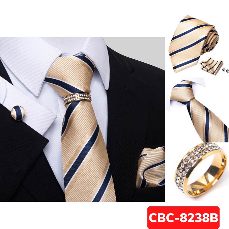 Bộ Cà vạt 4 món gồm Cavat 8cm, khăn cài túi, Măng-set, Nhẫn tròn phụ kiện sang trọng, Cravat chú ...