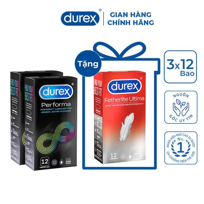 Bộ 2 hộp bao cao su Durex Performa 12 bao/hộp tặng 1 hộp Durex Fetherlite Ultima 12 bao/hộp ...