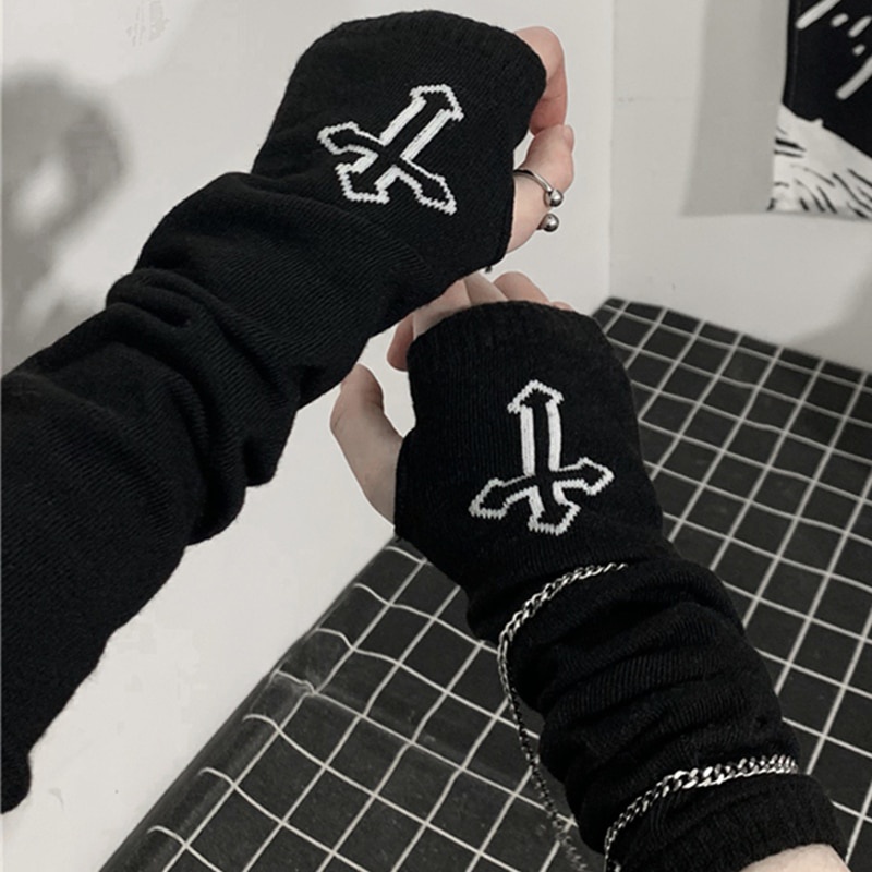 Punk EMO Style Streetwear Women Wrist Arm Warmer Knitted Long ...
