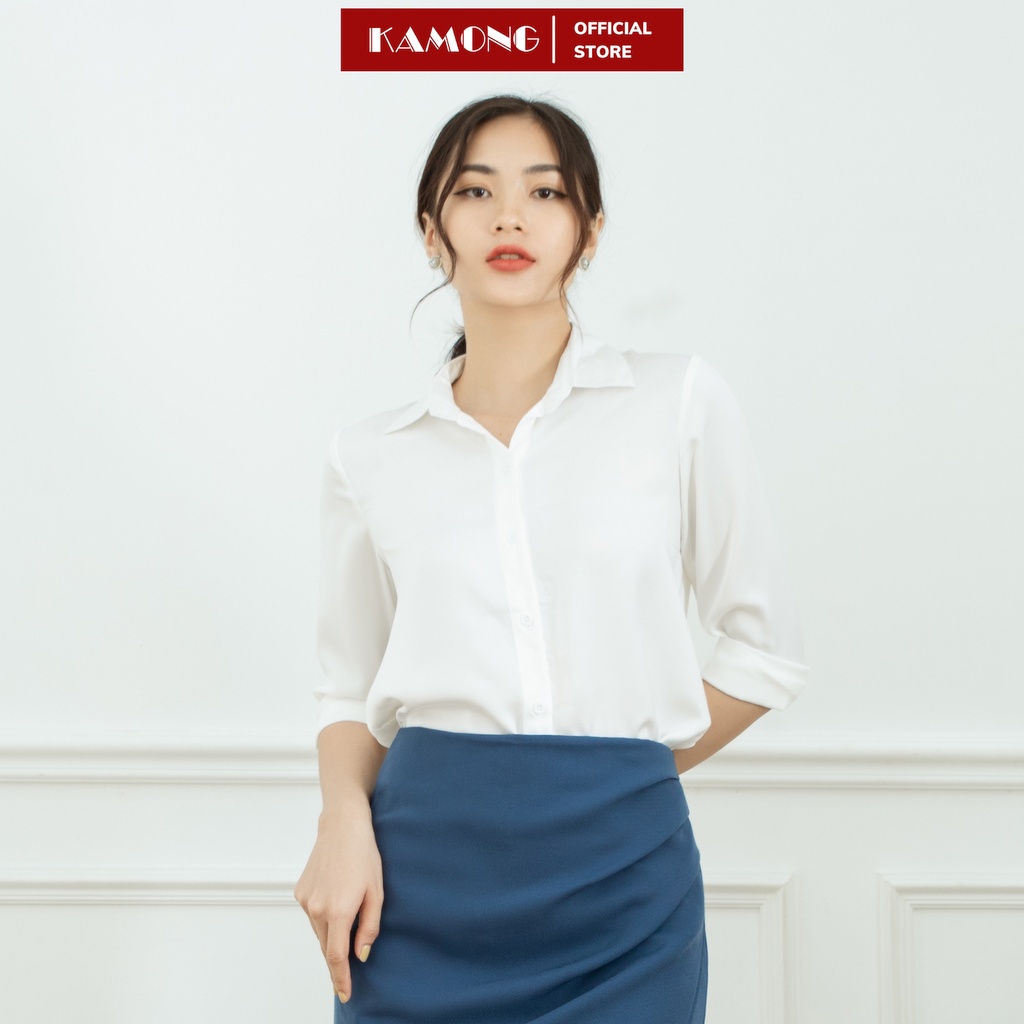Áo sơ mi nữ công sở tay dài KAMONG cao cấp dáng suông trơn basic A147 ...