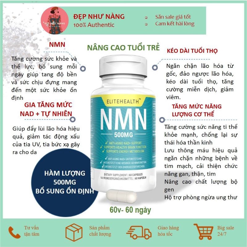 Viên Uống Truyền NMN 500mg NAD Săn Chắc Da Nâng Cơ Nicotinamide mononucleotide B3 Starhonor 60v ...
