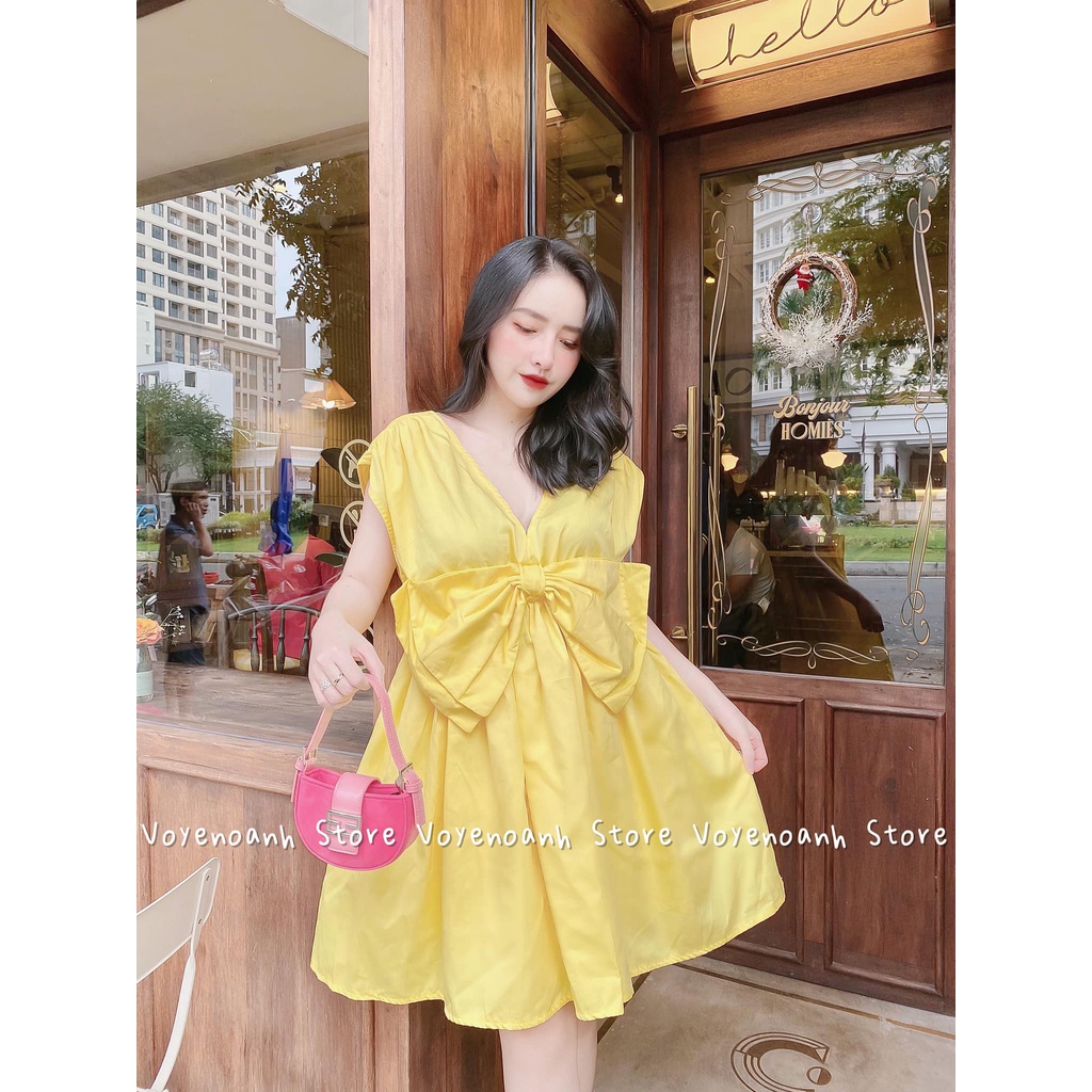 Đầm babydoll dáng bèo phối nơ, màu sắc (Hồng, Cam, Vàng, Xanh) xinh xắn ...