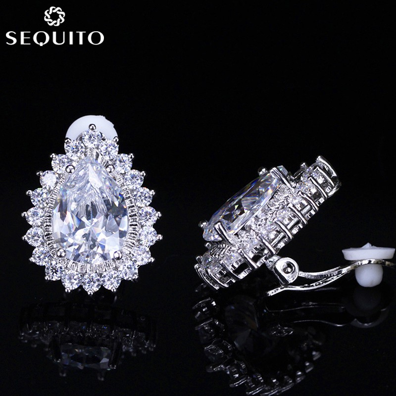 SEQUITO Lớn Giọt Nước Kẹp Bông Tai Đính Đá Zirconia Pha Lê Không Xuyên ...