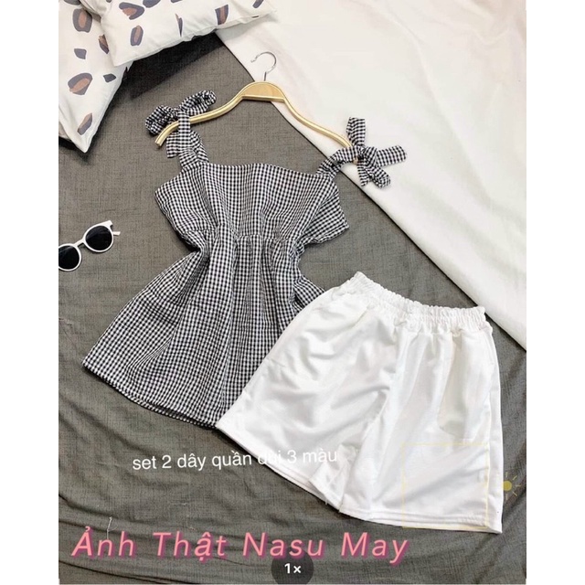 Set Áo Babydoll 2 Dây Kẻ Caro Xanh Xốp Kèm Quần Short Trắng - Xanh Đen Nâu | Shopee Việt Nam