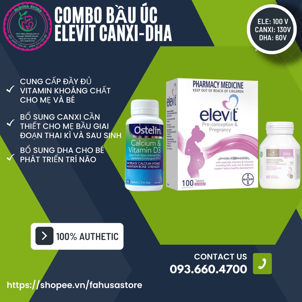 Combo bầu úc - Combo Vitamin dành cho mẹ bầu (Elevit + DHA + Canxi ...