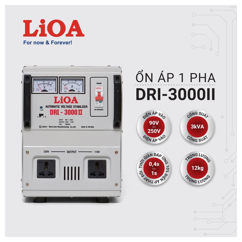 Ổn Áp 3KVA 1 Pha 3KW 3000W Lioa DRI-3000 II Điện Vào Dải 90V-250V, Điện Ra 220V & 110V Chính ...