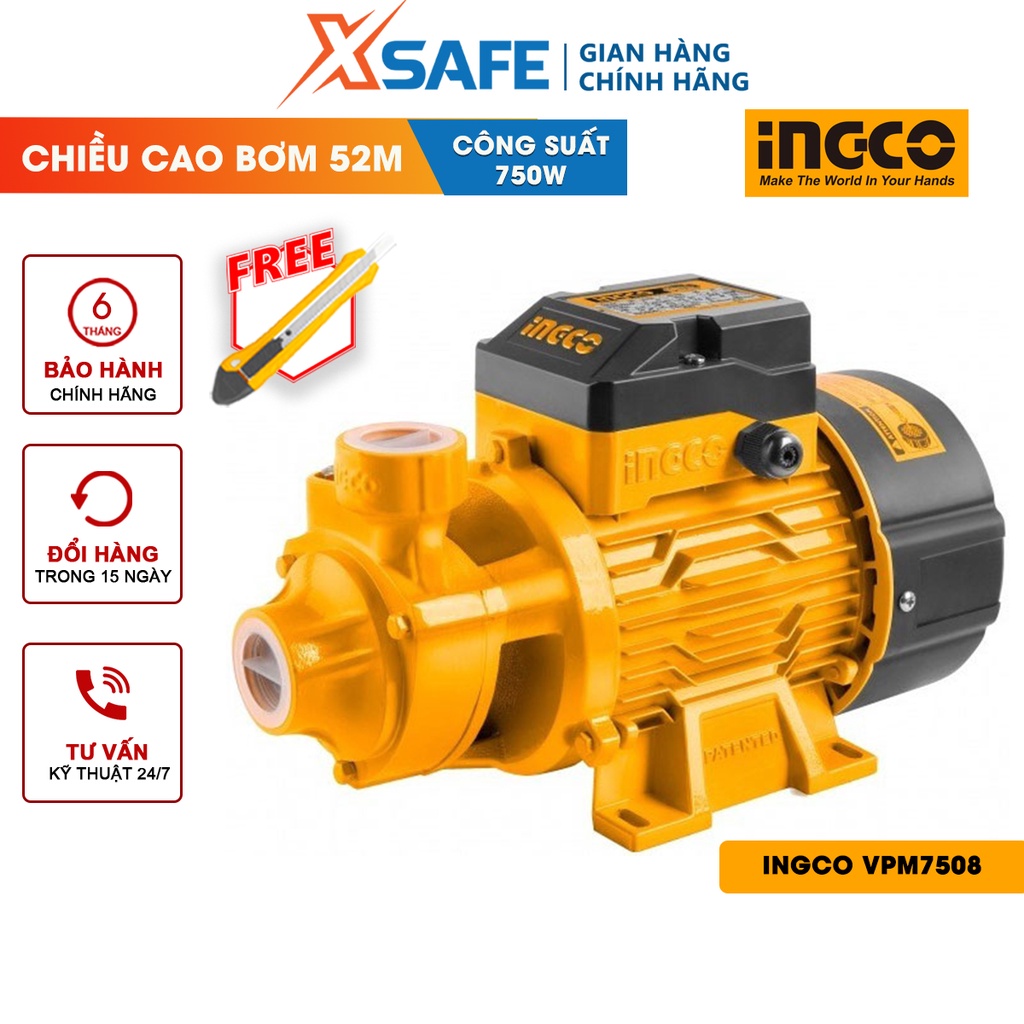 Máy bơm nước tăng áp INGCO VPM7508 750W (1HP), chiều cao bơm 52m, độ ...
