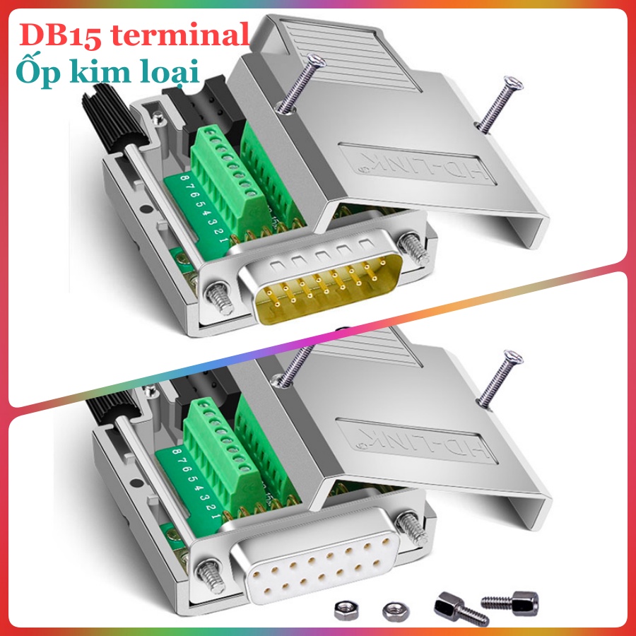 Đầu nối DB15 terminal vặn vít Male, Female vỏ ốp kim loại, không hàn. Tạo cáp COM DB15, DB15 ...