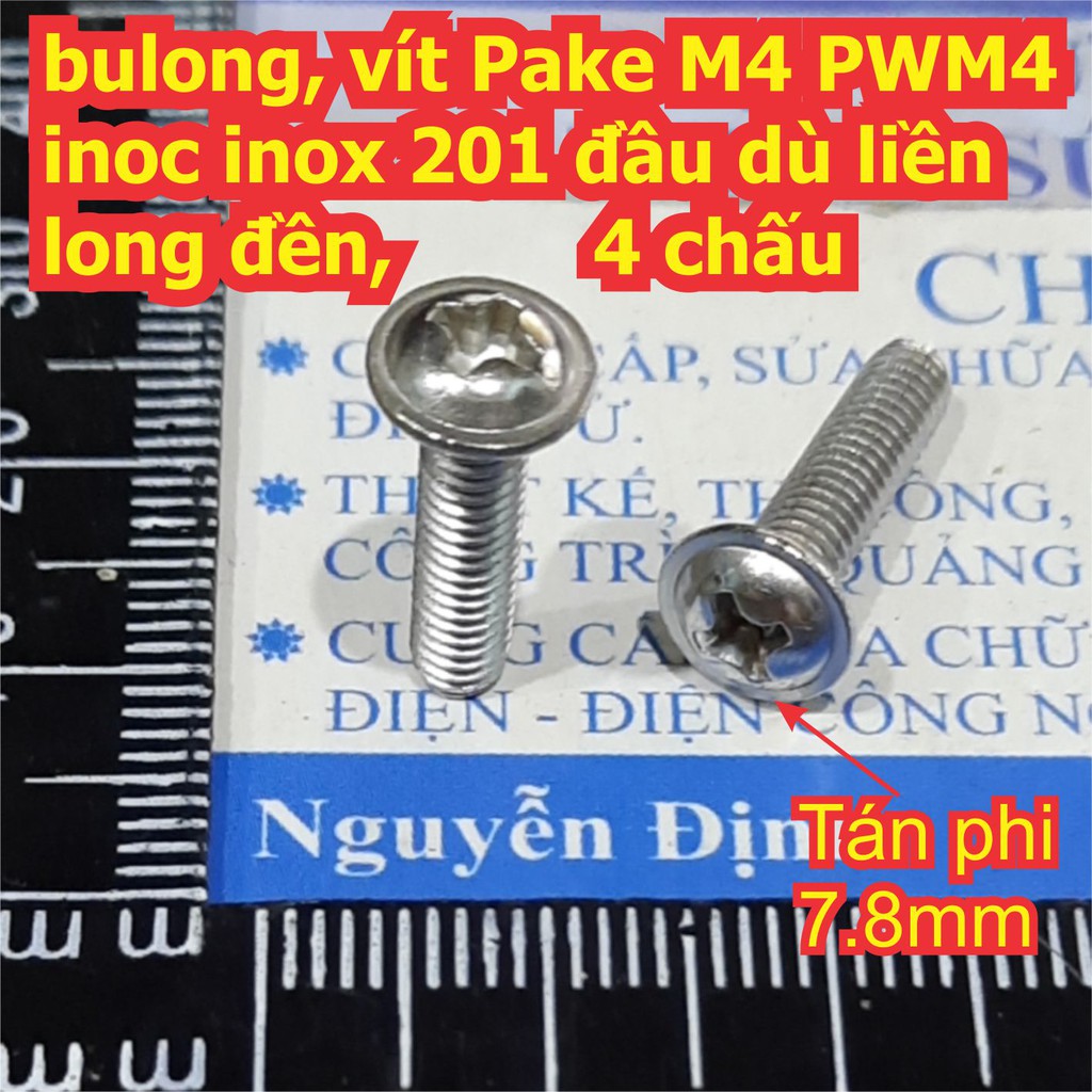 bulong bu lông vít Pake M4 PWM4 inoc inox 201 đầu dù liền long đền, 4 ...