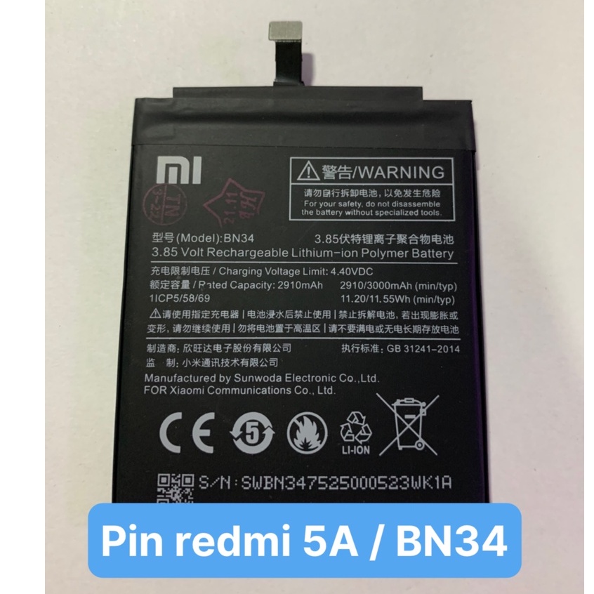 Pin zin xiaomi redmi 5A/ Model bn34/dung lượng 3000 Mah | Shopee Việt Nam