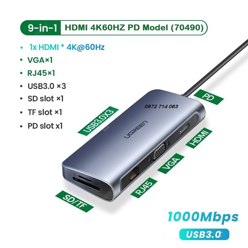 Bộ chuyển đổi USB-C sang 3*USB 3.0+HDMI+RJ45+SD&TF Ugreen (70490) 9 trong 1 hàng chính hãng ...