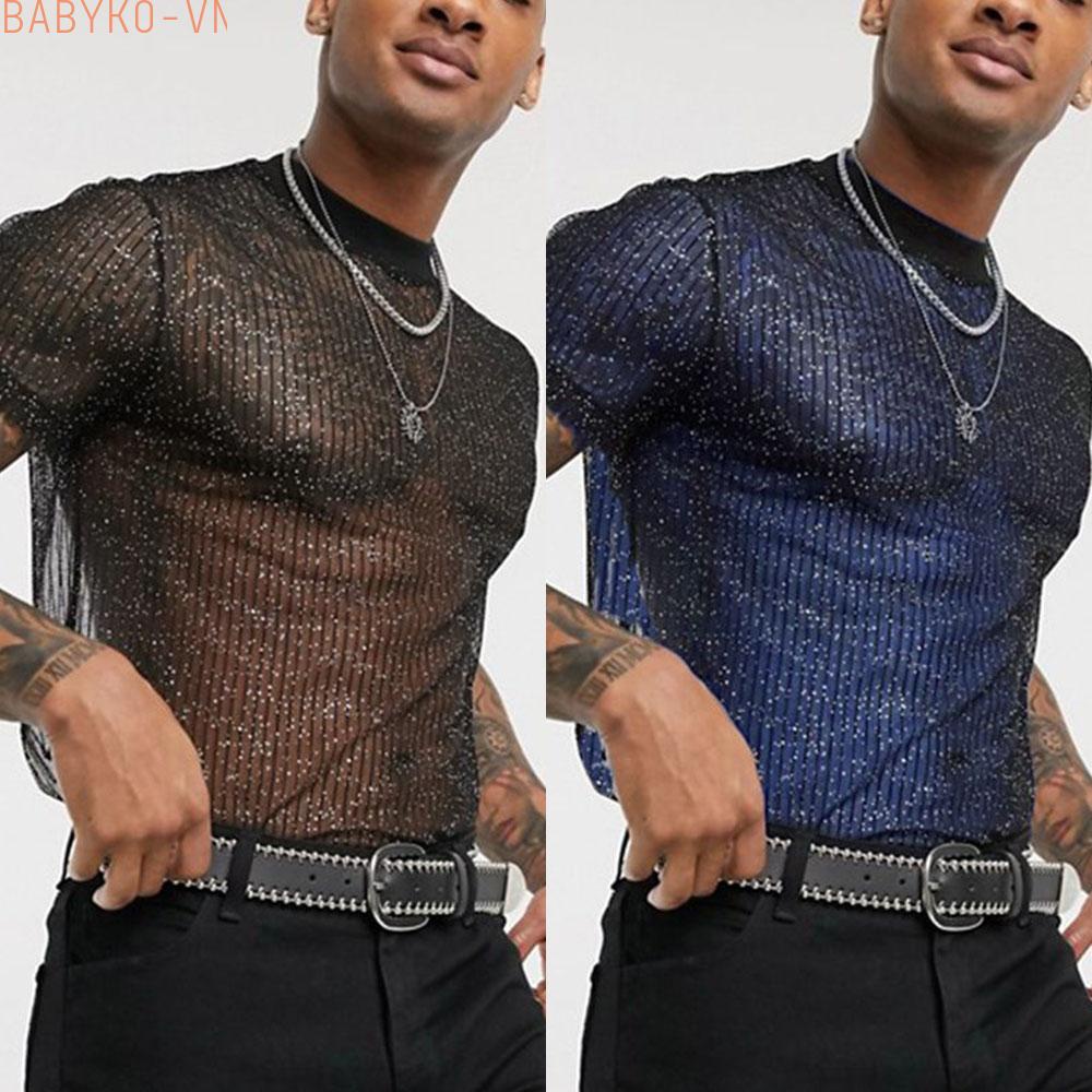 【IMBUTFL】Men See Through Short Sleeve Sequin Shiny Mesh Shirts Sexy ...