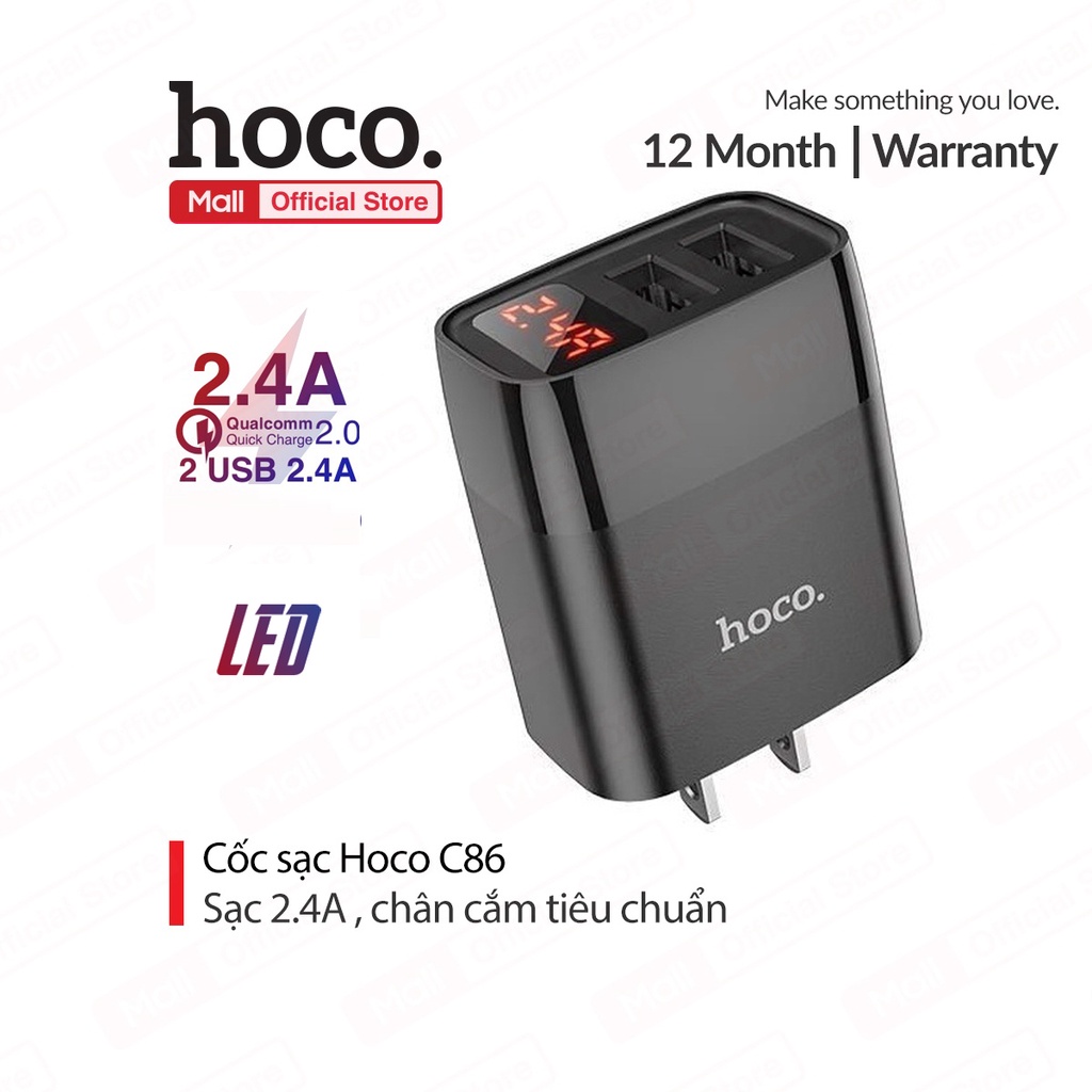 Củ sạc 2.4A Hoco C86 chân dẹt 2 cổng USB màn hình Led chất liệu PC ...