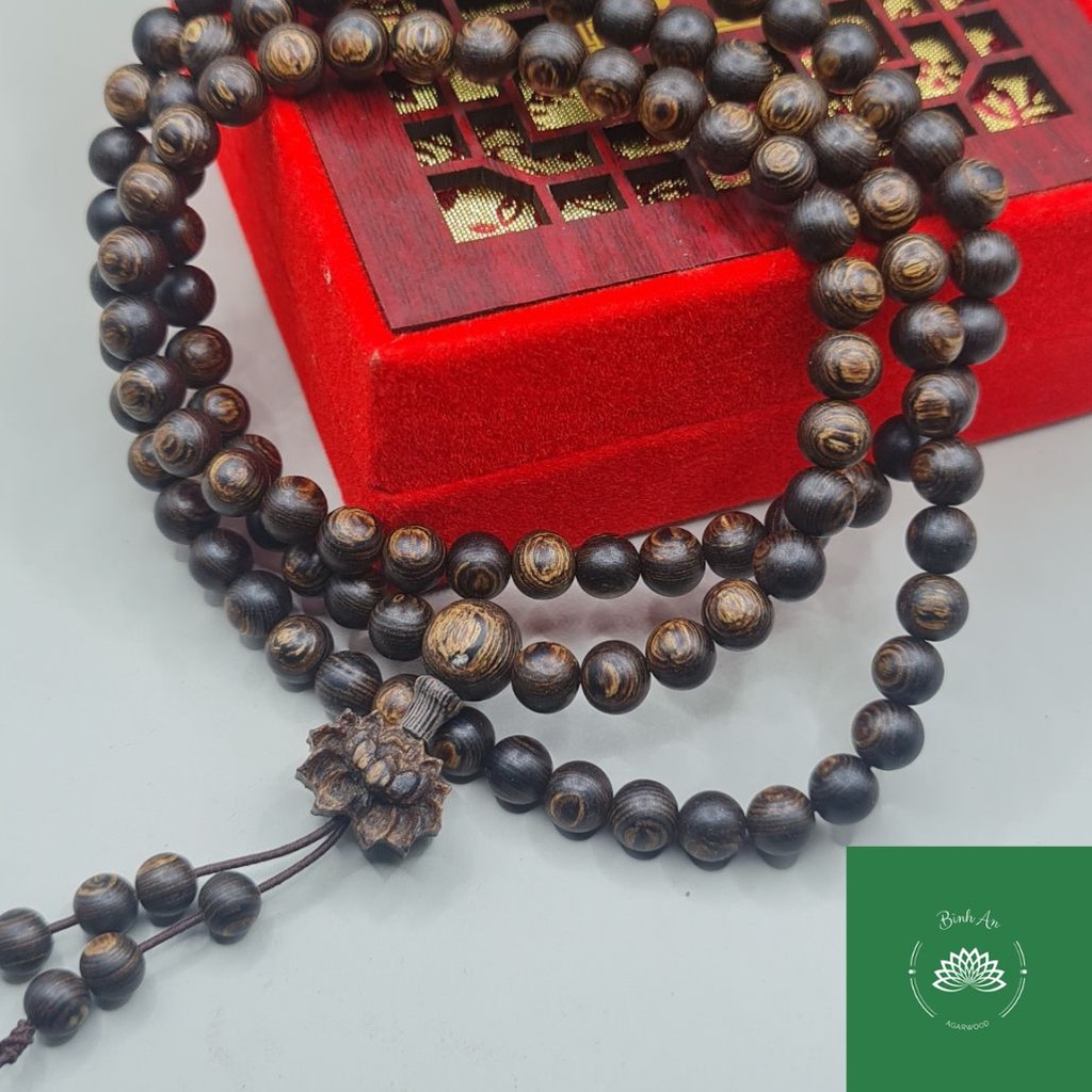 Vòng tay trầm hương 108 hạt 6 7 8li sánh chìm mix hoa sen, Charm đá ...