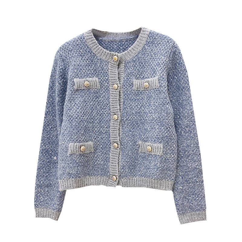 5BJS Maje 2022 French classic light blue sequin knitted cardigan short ...