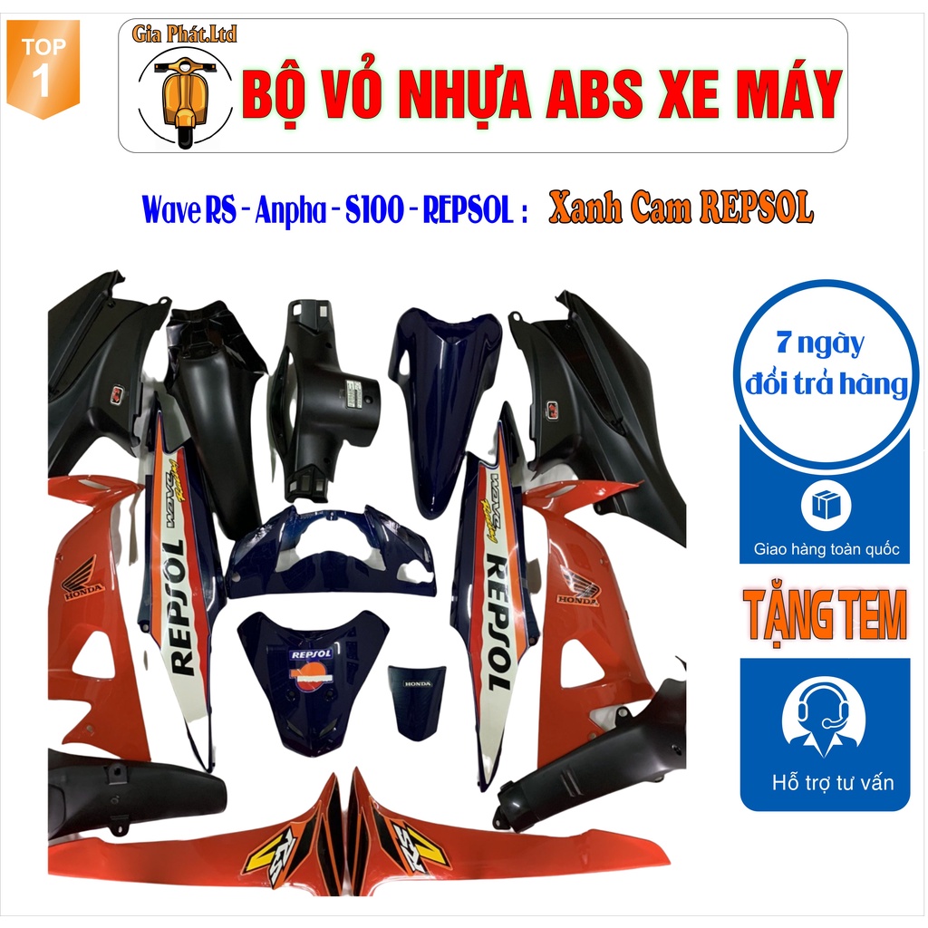 Bộ nhựa màu XANH CAM REPSOL cho xe Wave RS - Anpha - S100 đời 2006 đến ...