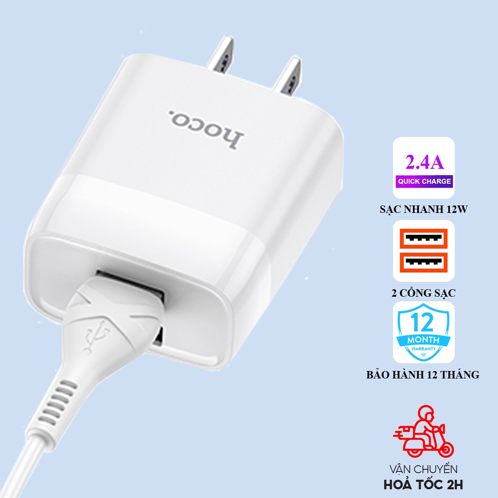 Bộ sạc Hoco C73 2.4A 12W hỗ trợ sạc nhanh với 2 cổng sạc và dây sạc H ...
