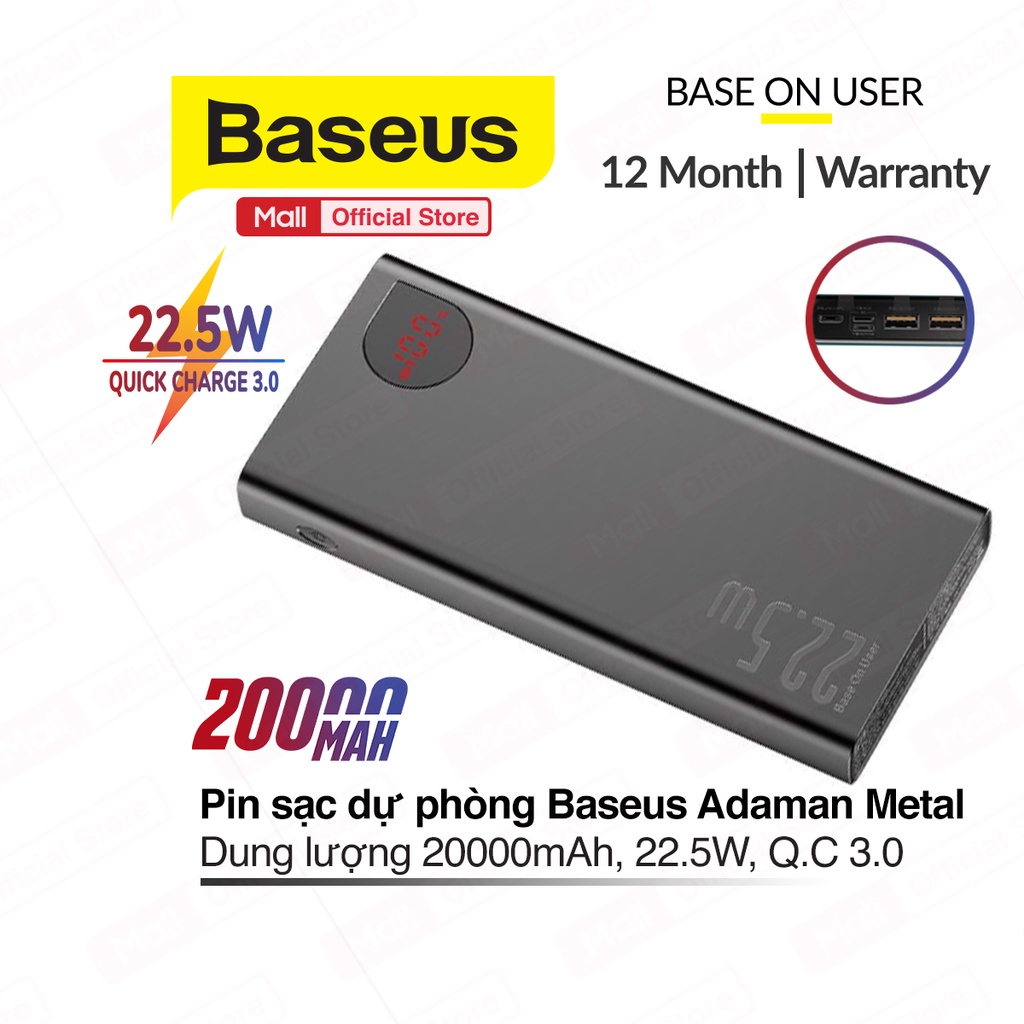 Pin dự phòng sạc nhanh Baseus Adaman Metal Digital Display Quick Charge 3.0, 22.5W dung lượng ...