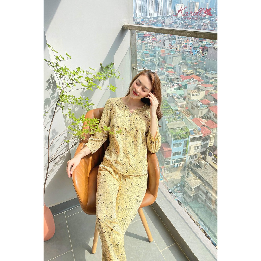 Bộ đồ mặc nhà nữ chất thô kate cổ viền bèo quần dài tay lửng Karoll ...