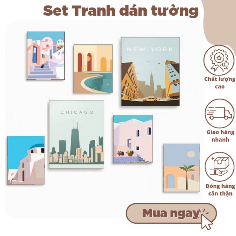 Set 7 tranh dán tường mini dày 5mm có sẵn băng keo 2 mặt. chống nước ...