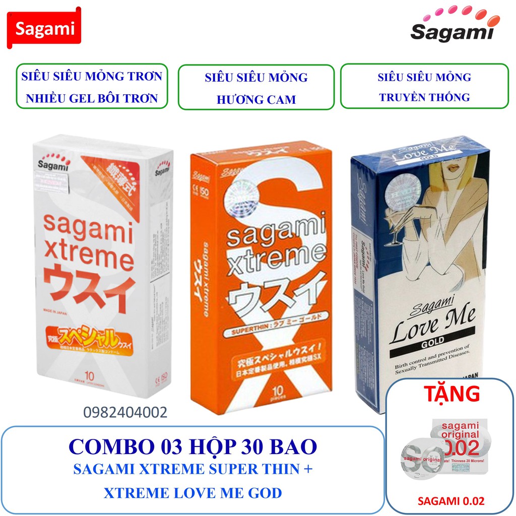 [BAO CAO SU SAGAMI] COMBO Bao cao su siêu mỏng nhất thế giới Sagami Super Thin + Love Me Gold (3 ...