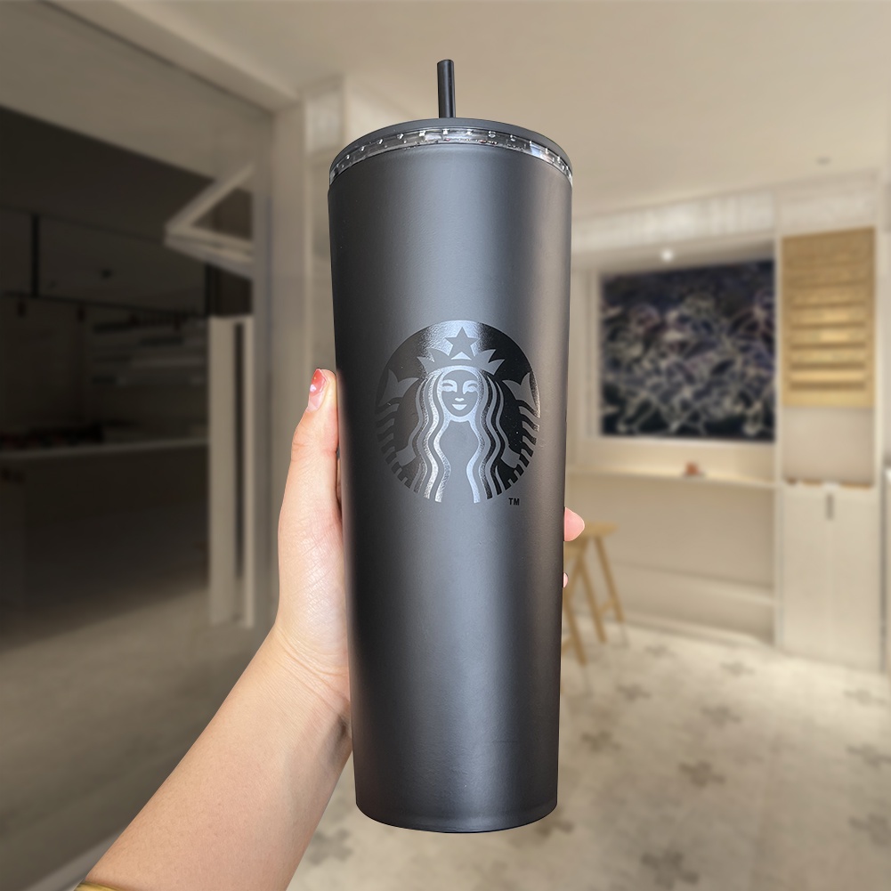Cốc cà phê Starbucks 710Ml/473Ml 2 lớp đen nhám có ống hút 24oz/16Oz | Shopee Việt Nam