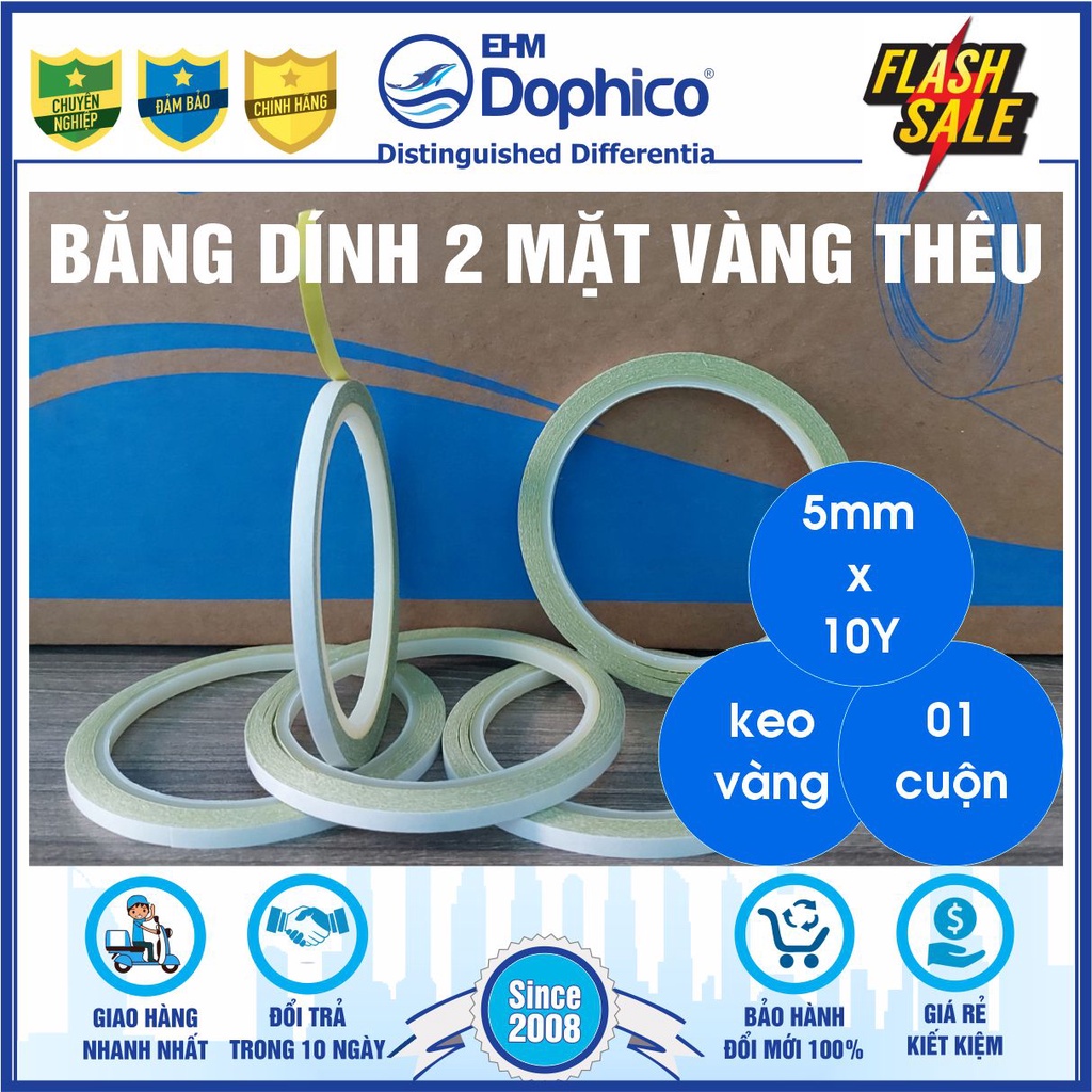 (1 cuộn) Băng dính 2 mặt vàng thêu bản rộng 5mm – Dùng trong công tác VPP, dán hồ sơ, bao thư ...