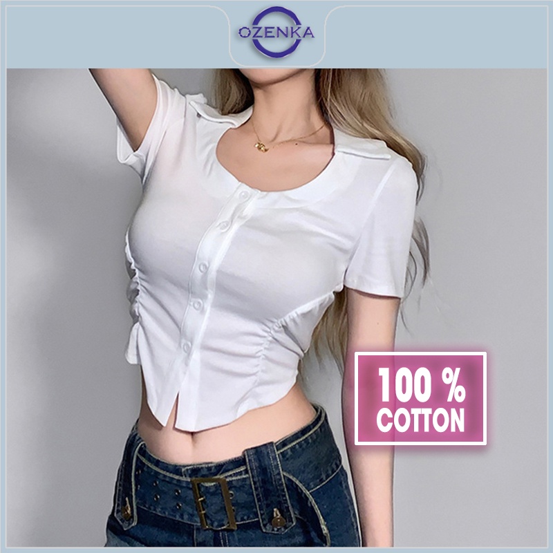 Áo croptop kiểu ôm vạt bầu cài khuy cổ bẻ nữ OZENKA cộc tay vài thun cotton 100% màu đen trắng ...