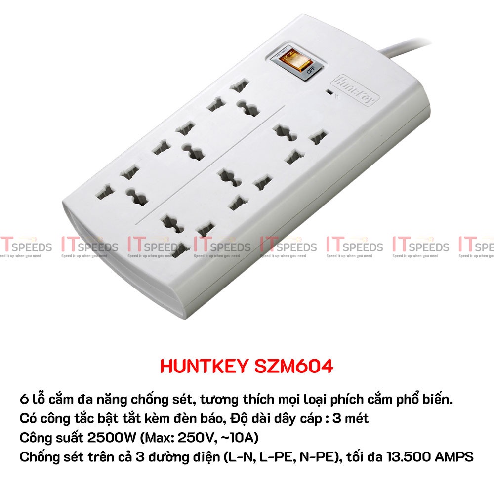 Ổ Cắm Điện Đa Năng Huntkey 2500W 10A 220V, Chống Sét, Có Cầu Chì Chống ...