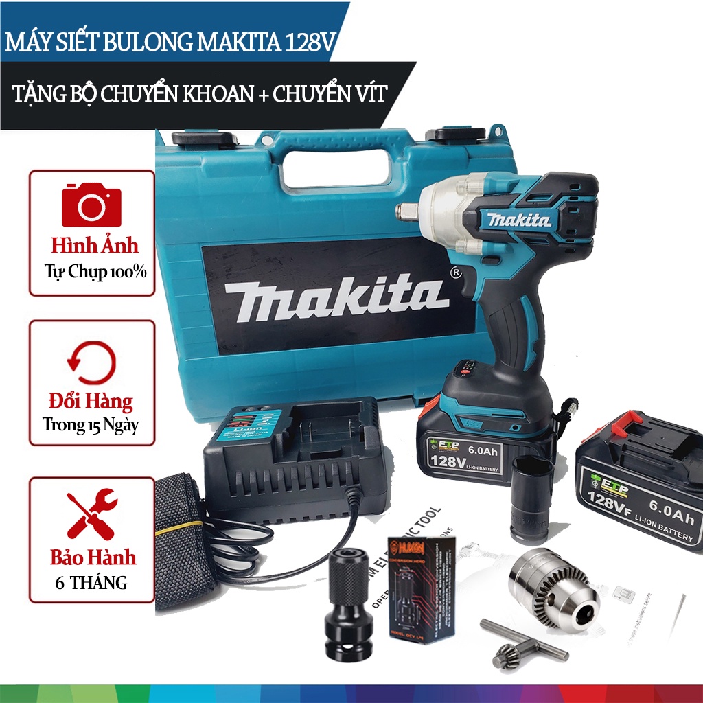 Máy Siết Bulong Pin MAKITA 128V Lõi Đồng Không Chổi Than Tặng bộ chuyển khoan + chuyển vít ...