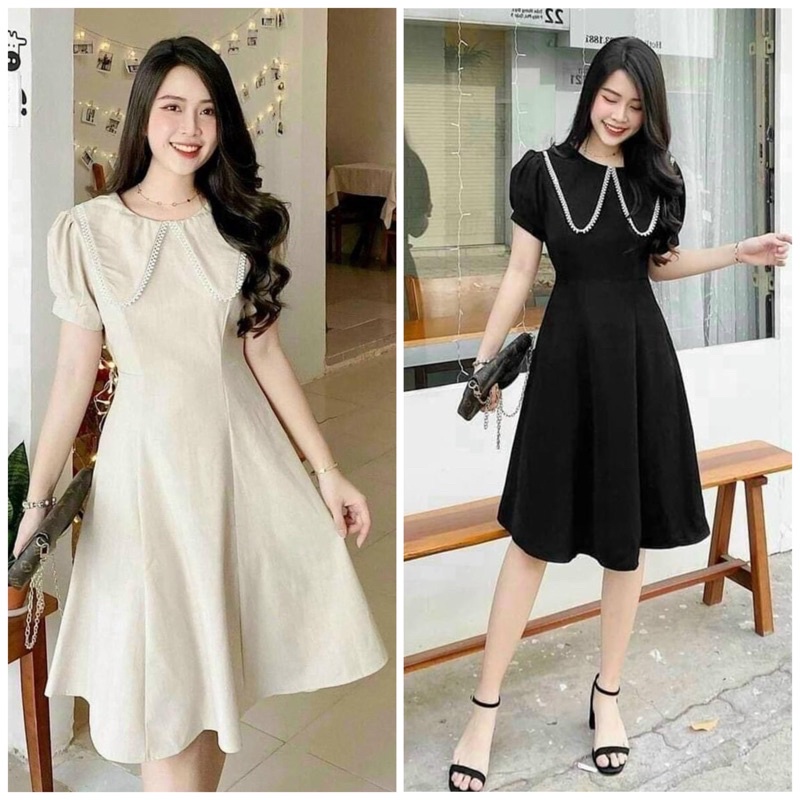 Đầm suông váy midi cổ bèo viền ren 2 màu (kèm hình thật) | Shopee Việt Nam
