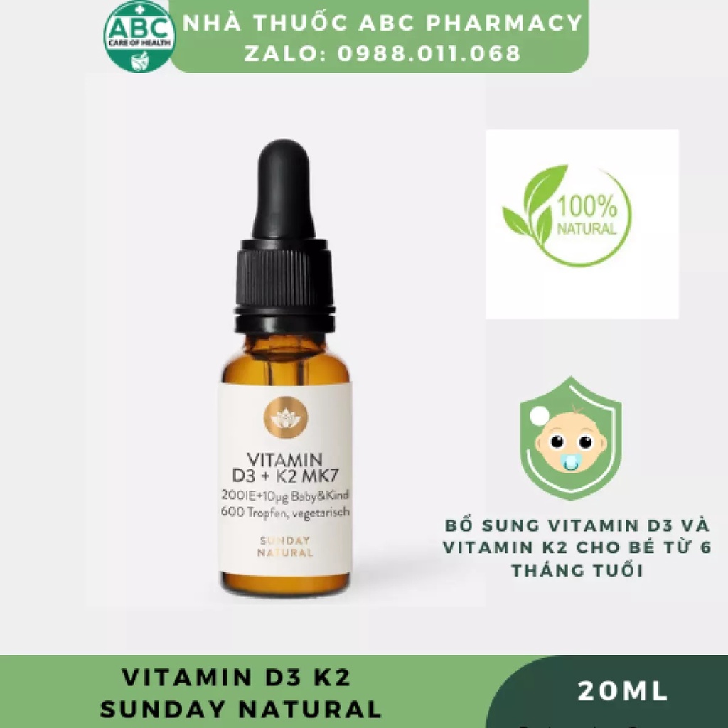 [Chính Hãng] SUNDAY NATURAL® VITAMIN D3 + K2 MK7 (20ml) - Hỗ trợ hấp thu canxi & chống còi xương ...