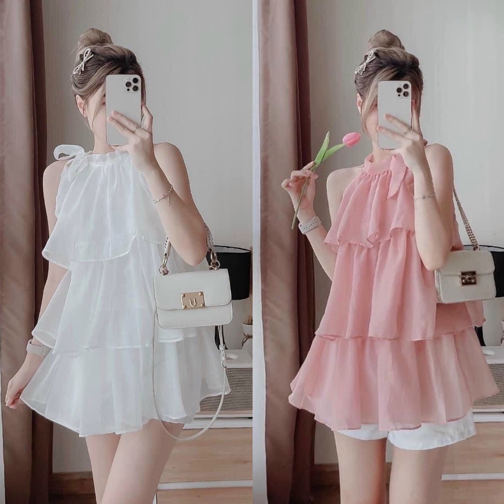 Set áo Cổ Yếm Mix Quần Short Trắng🍀 Bộ áo Lụa Cổ Chéo Bồng Bềnh Xinh Xắn Dành Cho Các Nàng đi