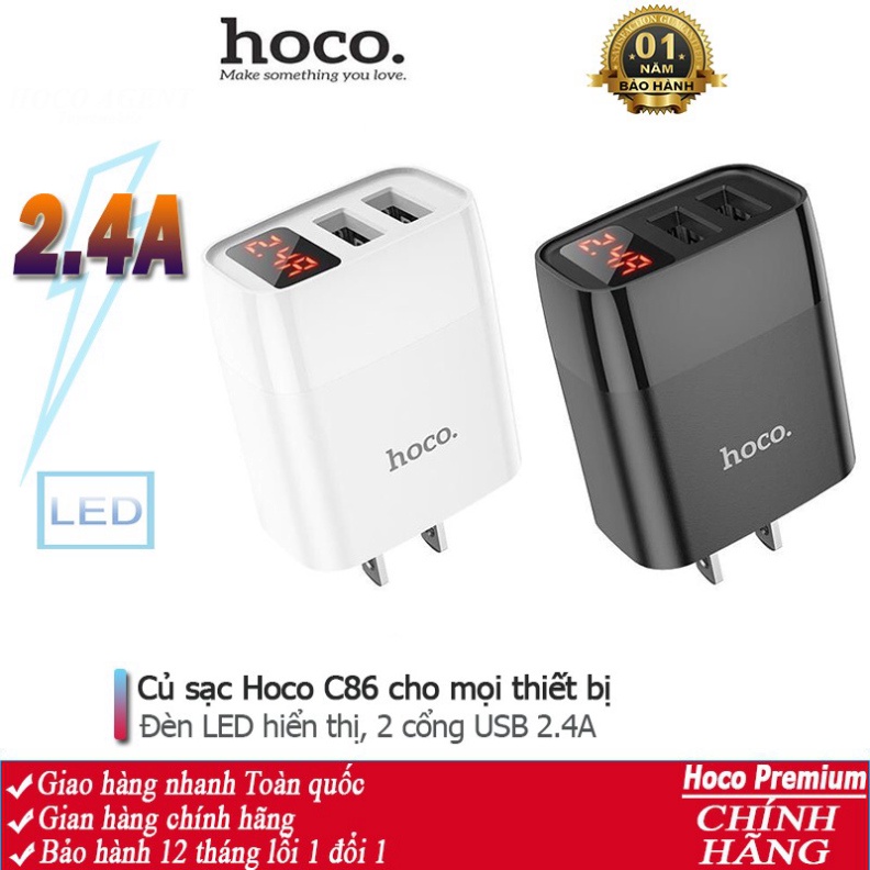 Củ sạc Hoco C86 dòng 2.4A, 2 cổng USB có màn hình LED, cóc sạc dùng cho ...