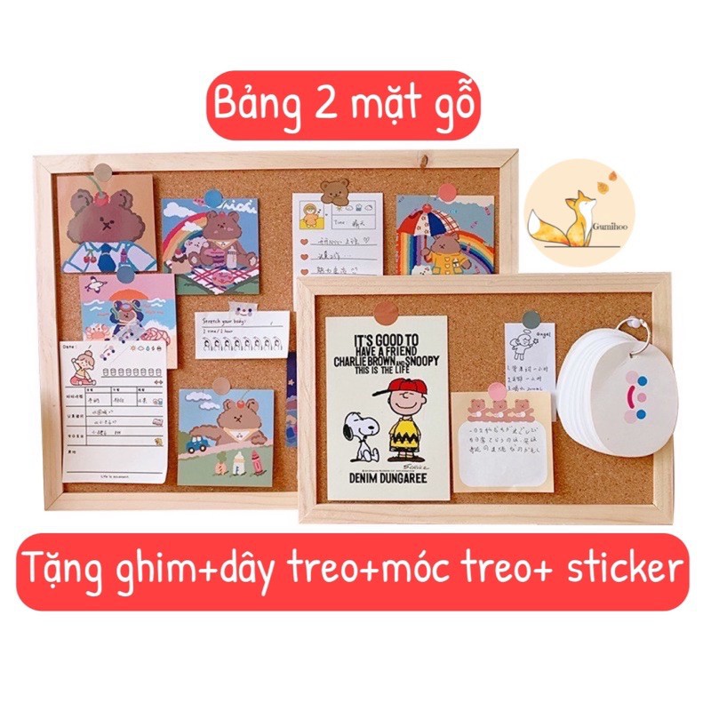 SET Bảng ghim gỗ bần +ghim+dây treo+móc treo+ sticker decor góc học tập ...