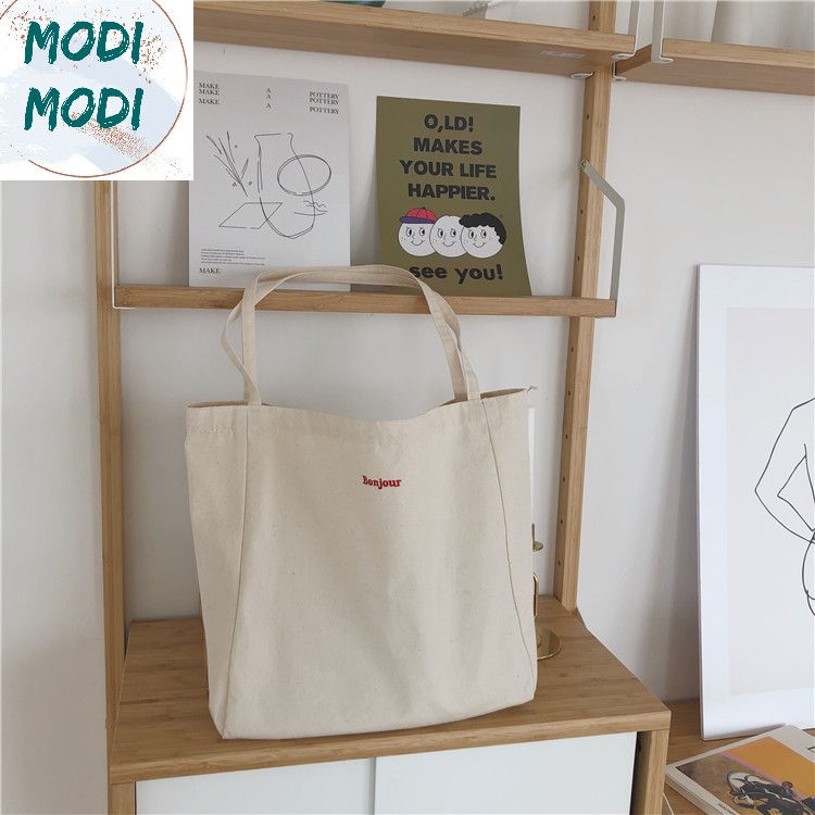 Modi MD50- Túi tote vintage size lớn thêu chữ "BONJOUR" | Shopee Việt Nam