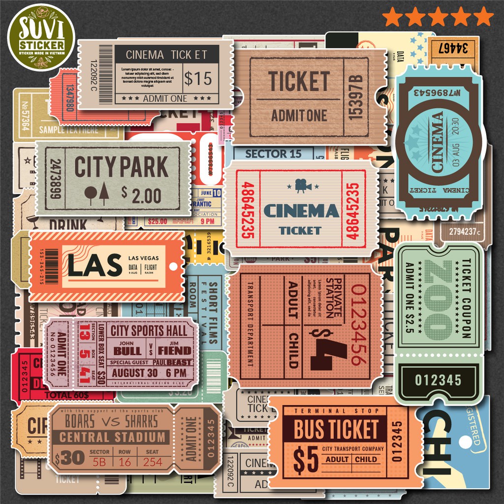 50 Sticker Vintage Ticket chống nước sticker dán mũ bảo hiểm, laptop ...