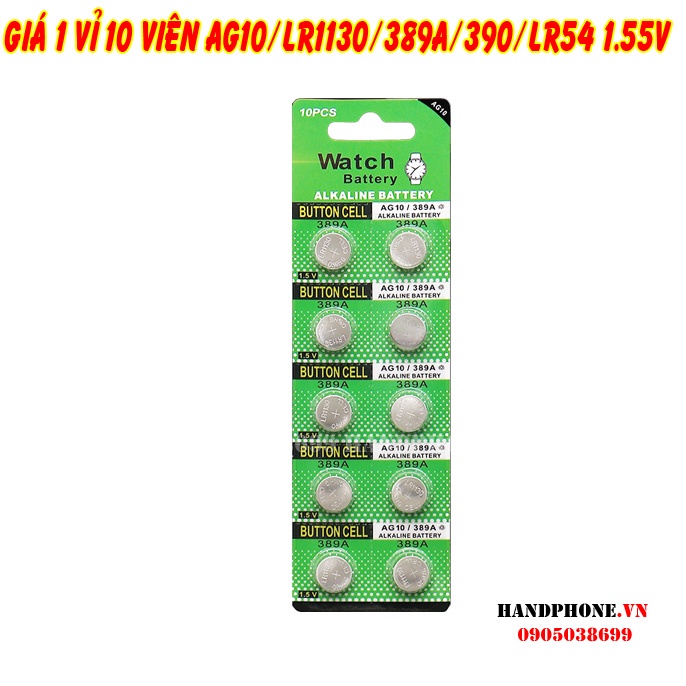 1 vỉ 10 viên pin cúc áo 1.5V AG10 / LR1130 / 389A / 390 / LR54 / SR1130 ...