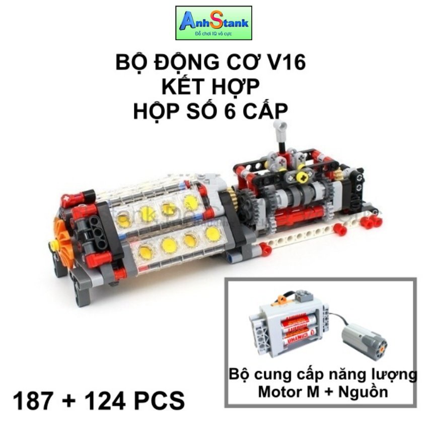 Động cơ technic oto V16 kết hợp với hộp số thay đổi tốc độ 6 mức tương thích với MOC, bộ 9686 ...