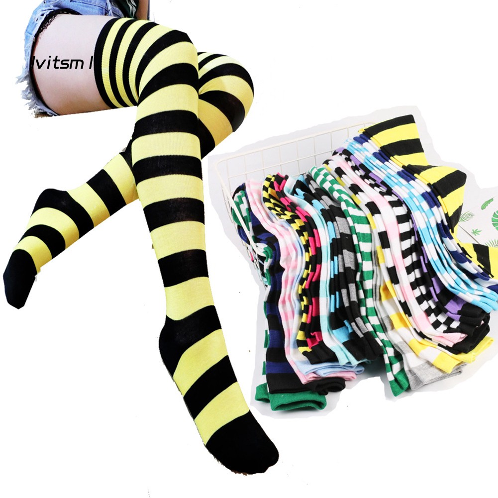 【LTM】Women Christmas Color Striped Over The Knee Thigh High Stockings ...