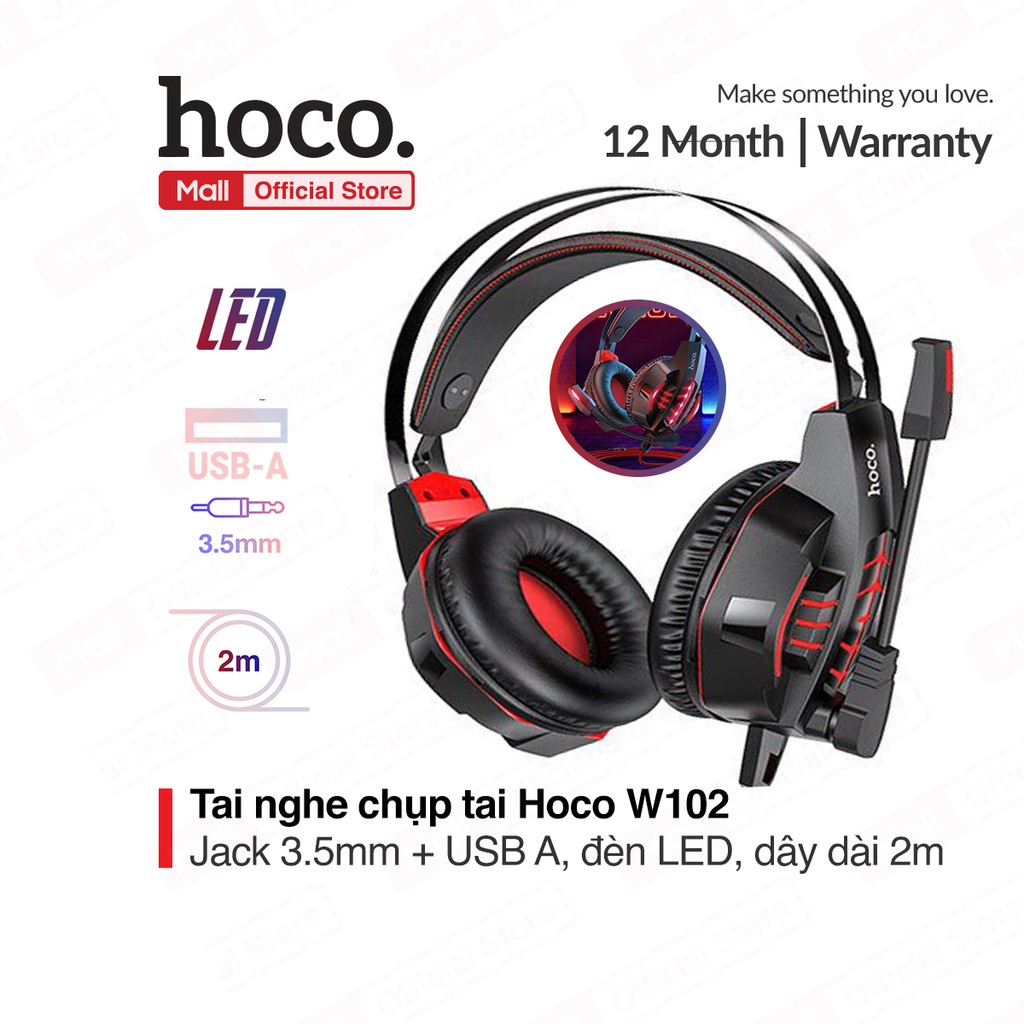 Tai nghe chụp tai Hoco W102 mic đàm thoại, tích hợp 2 cổng cắm 3.5mm ...