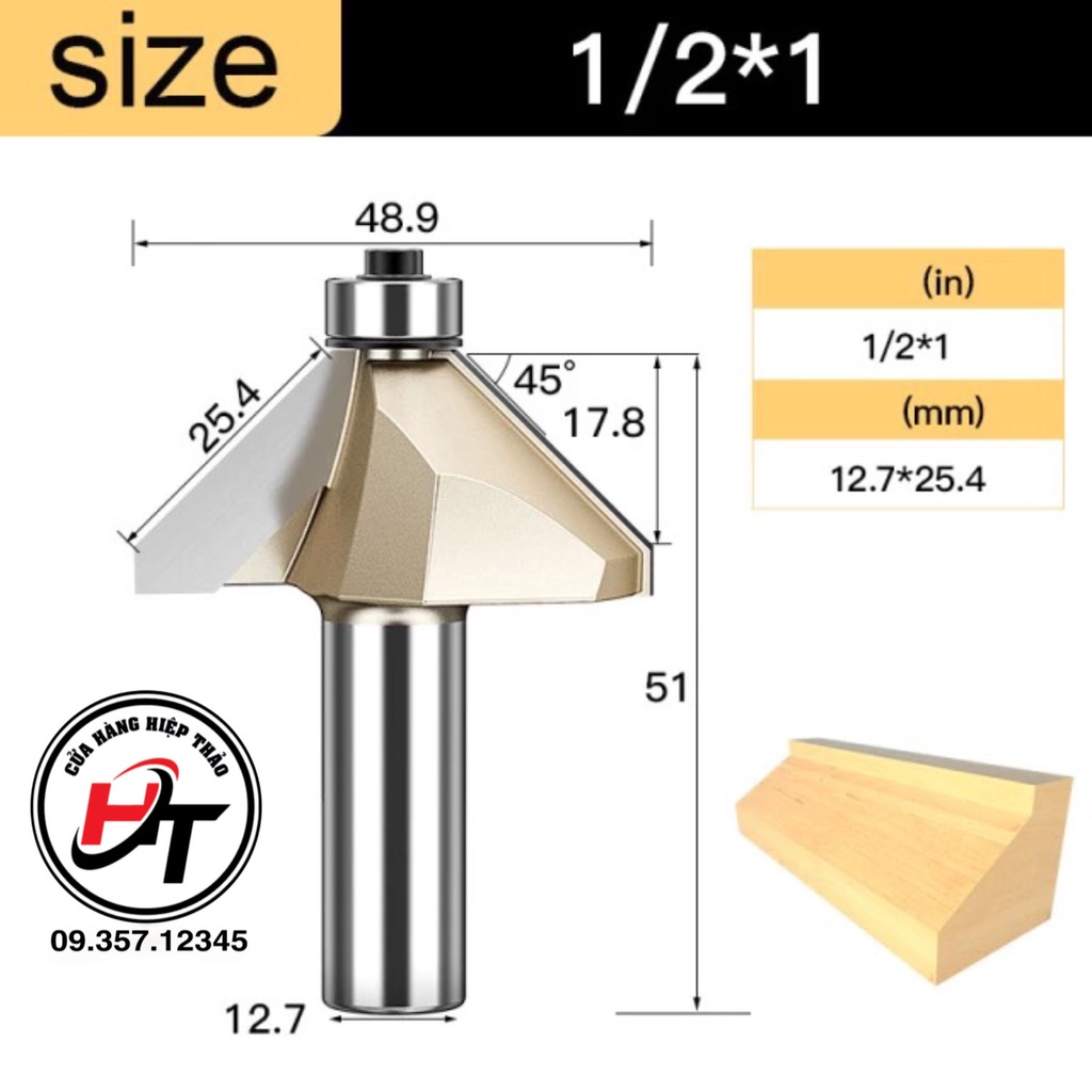 Mũi phay gỗ vát 45 độ có bi mũi soi vát mép cạnh Tideway cao cấp 0203 ...