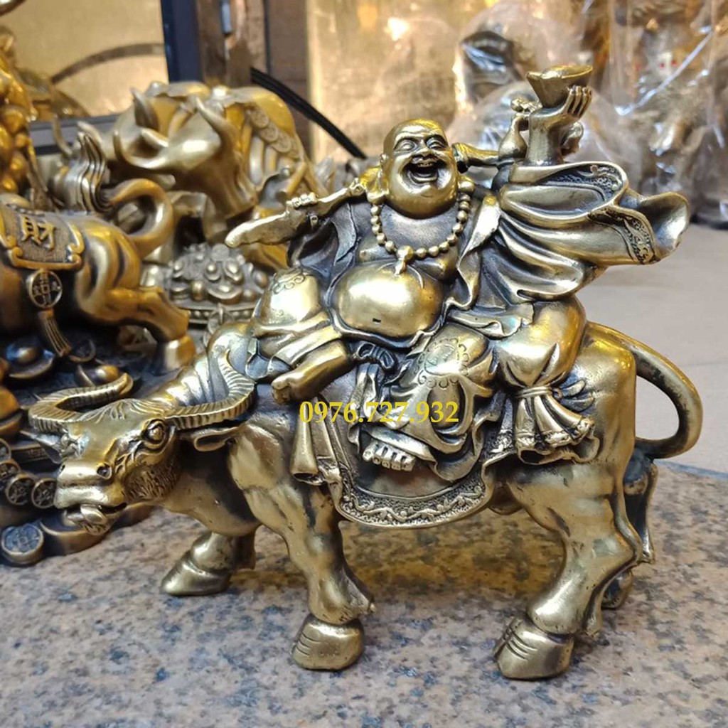 Tượng dilac cưỡi trâu bằng đồng dài 23 cm, tượng phật dilac bằng đồng ...