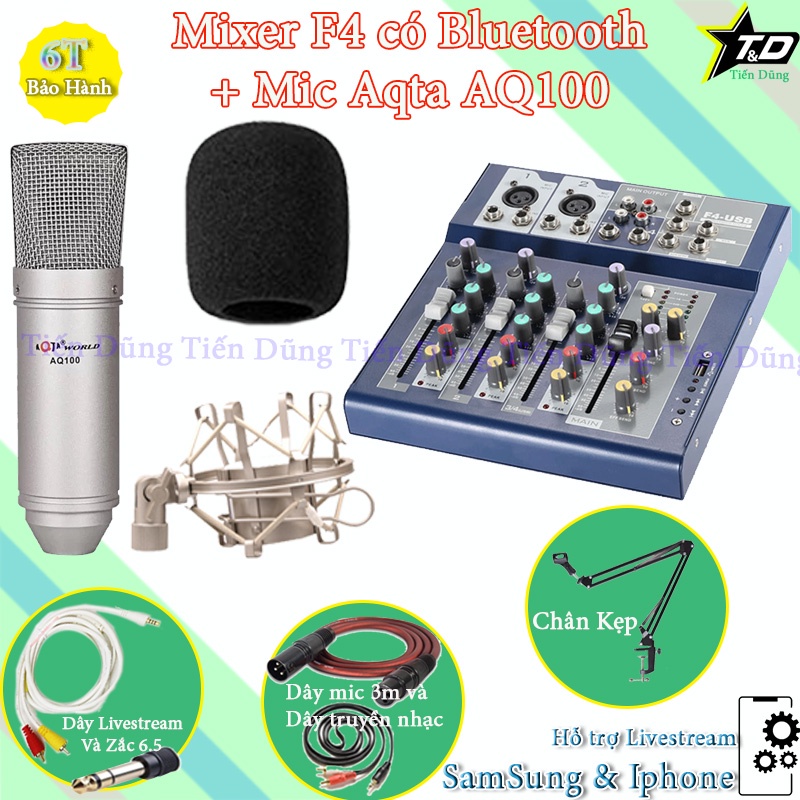 Bộ Mic Thu Âm Livestream Mixer F4 và Mic Aqta AQ100 Chân Đế Dây ...