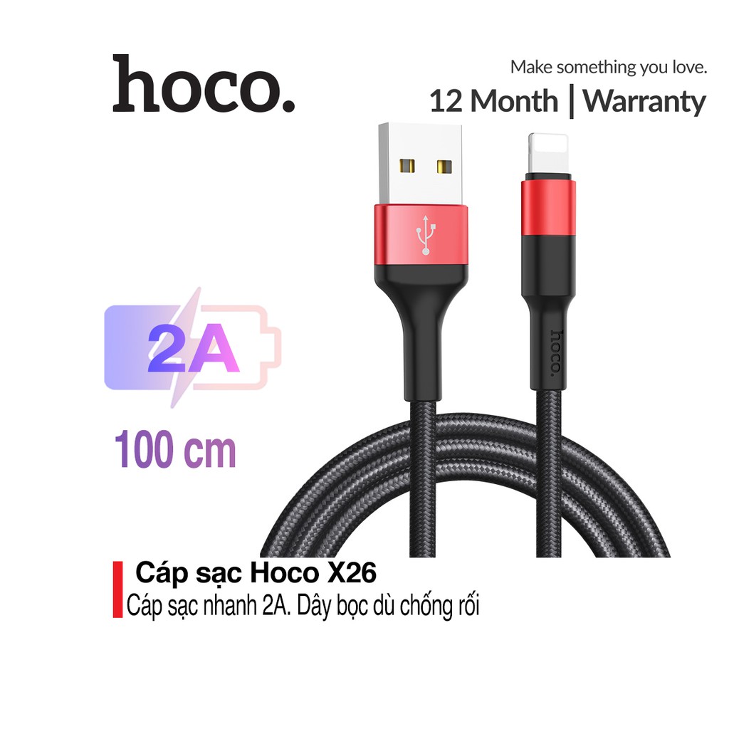Cáp sạc Hoco X26 Lightning, sạc nhanh 2A MAX, dây sạc bọc dù chống rối ...