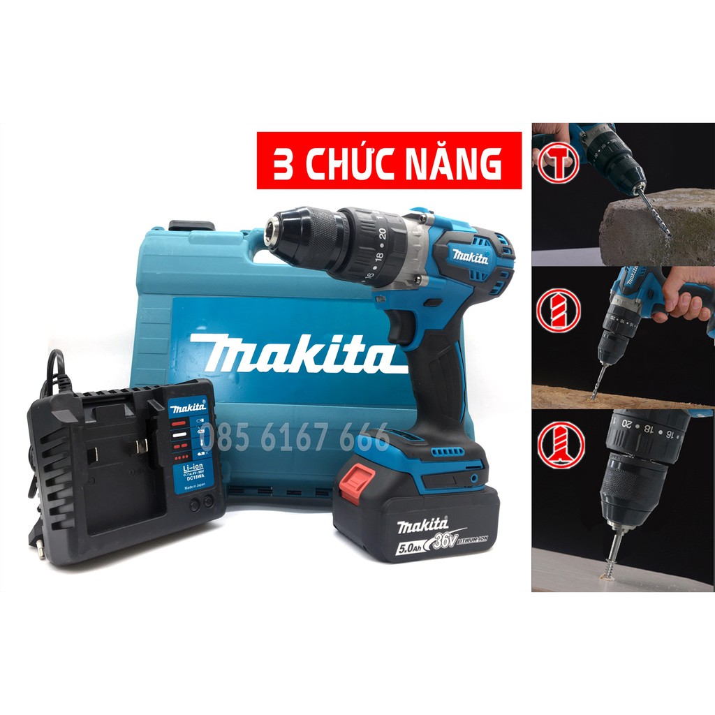 Máy khoan pin Makita 72V đầu 13mm- Có búa khoan bê tông, khoan tường, Pin 10cell, lõi đồng 100% ...