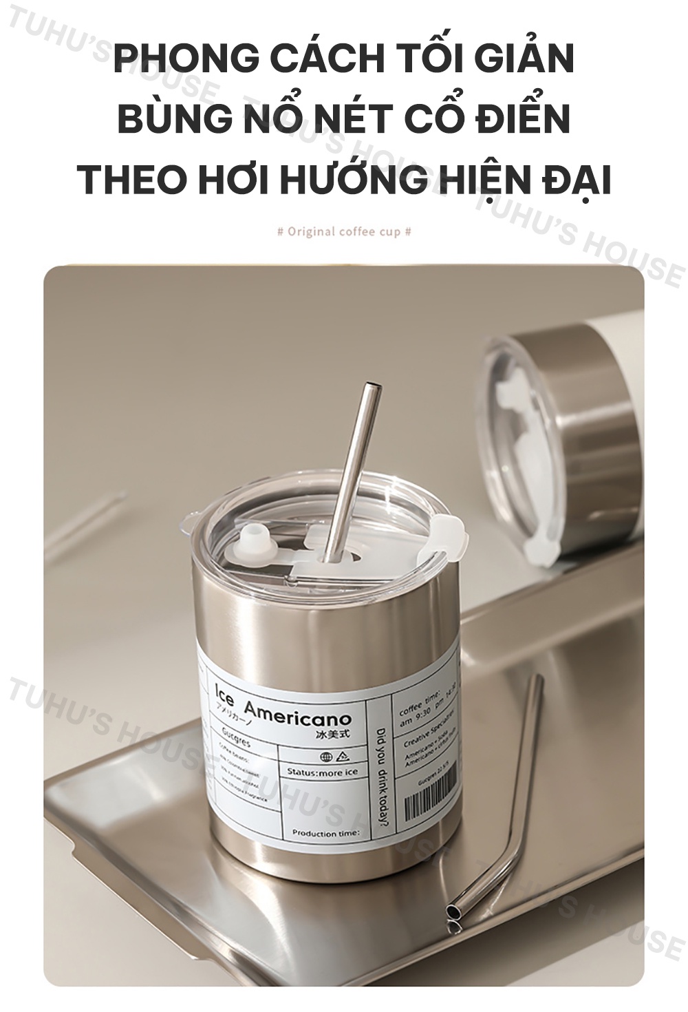 Ly giữ nhiệt iced americano inox 304 cao cấp chống gỉ, cốc uống nước giữ nhiệt có ống hút tiện ...