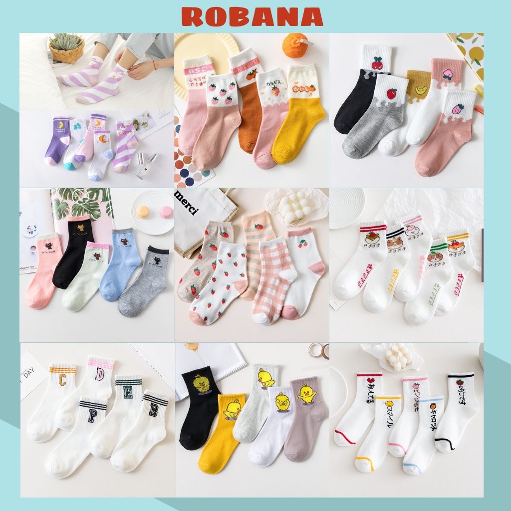 Combo 5 đôi vớ cổ cao ROBANA nhiều màu họa tiết dễ thương | Shopee Việt Nam