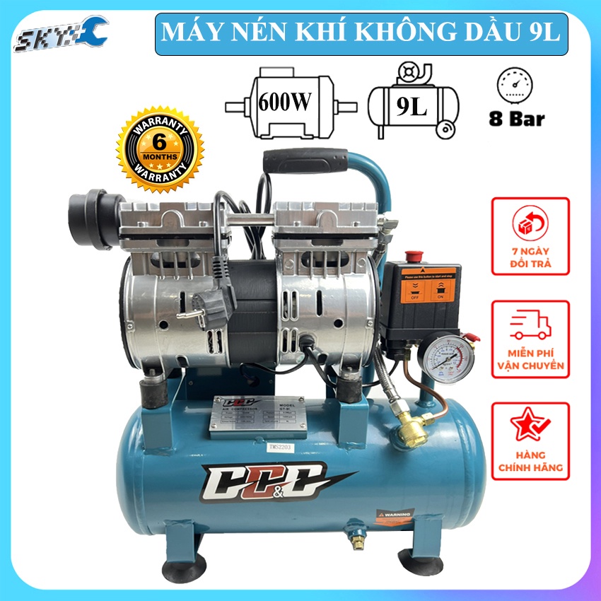 Máy nén khí không dầu, bình hơi mini dung tích 9 lít, 12 lít công suất 600w, 900w bắn đinh, bơm ...